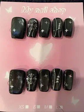 Makeup | Black Chrome Handmade Acrylic Presson Nails With Silver Star ...